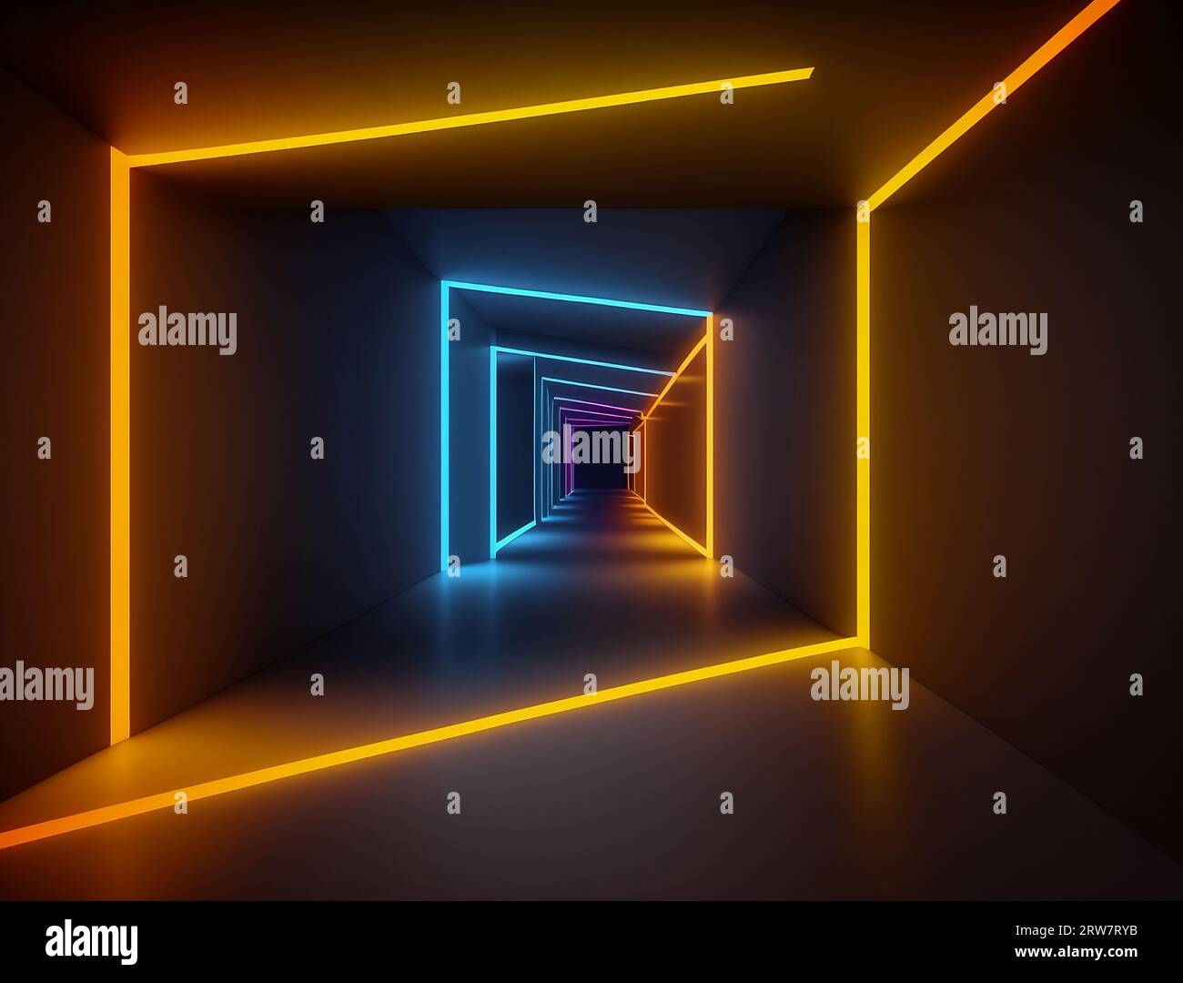 Background of an empty room, corridor. Spotlight, colorful neon light ...