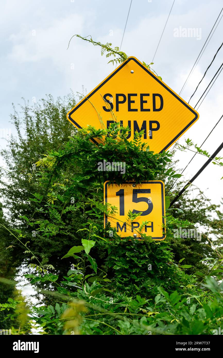Traffic signs overgrown with plant vines, speed bump and 15 MPH ...