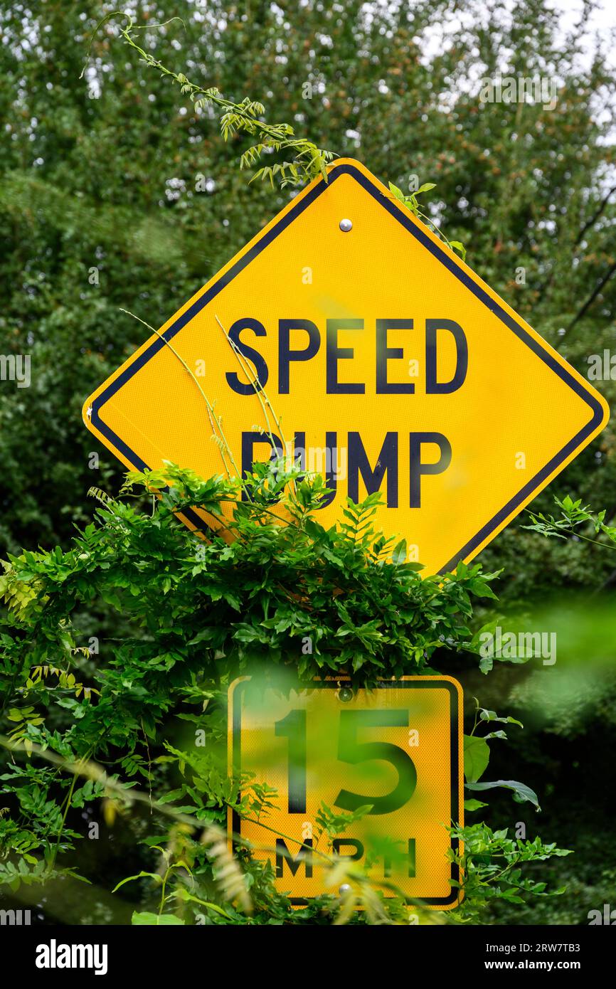 Traffic signs overgrown with plant vines, speed bump and 15 MPH ...