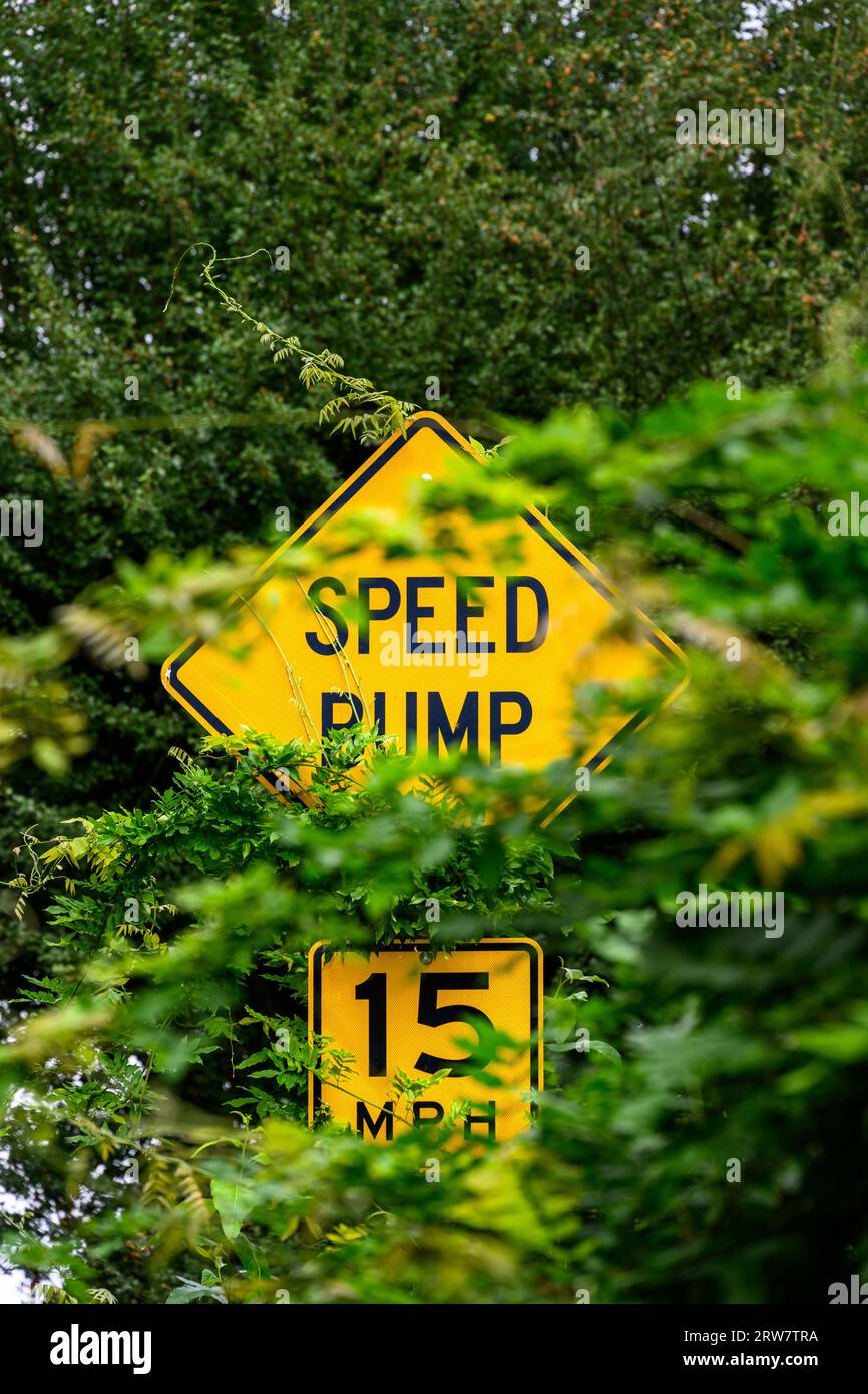Traffic signs overgrown with plant vines, speed bump and 15 MPH ...