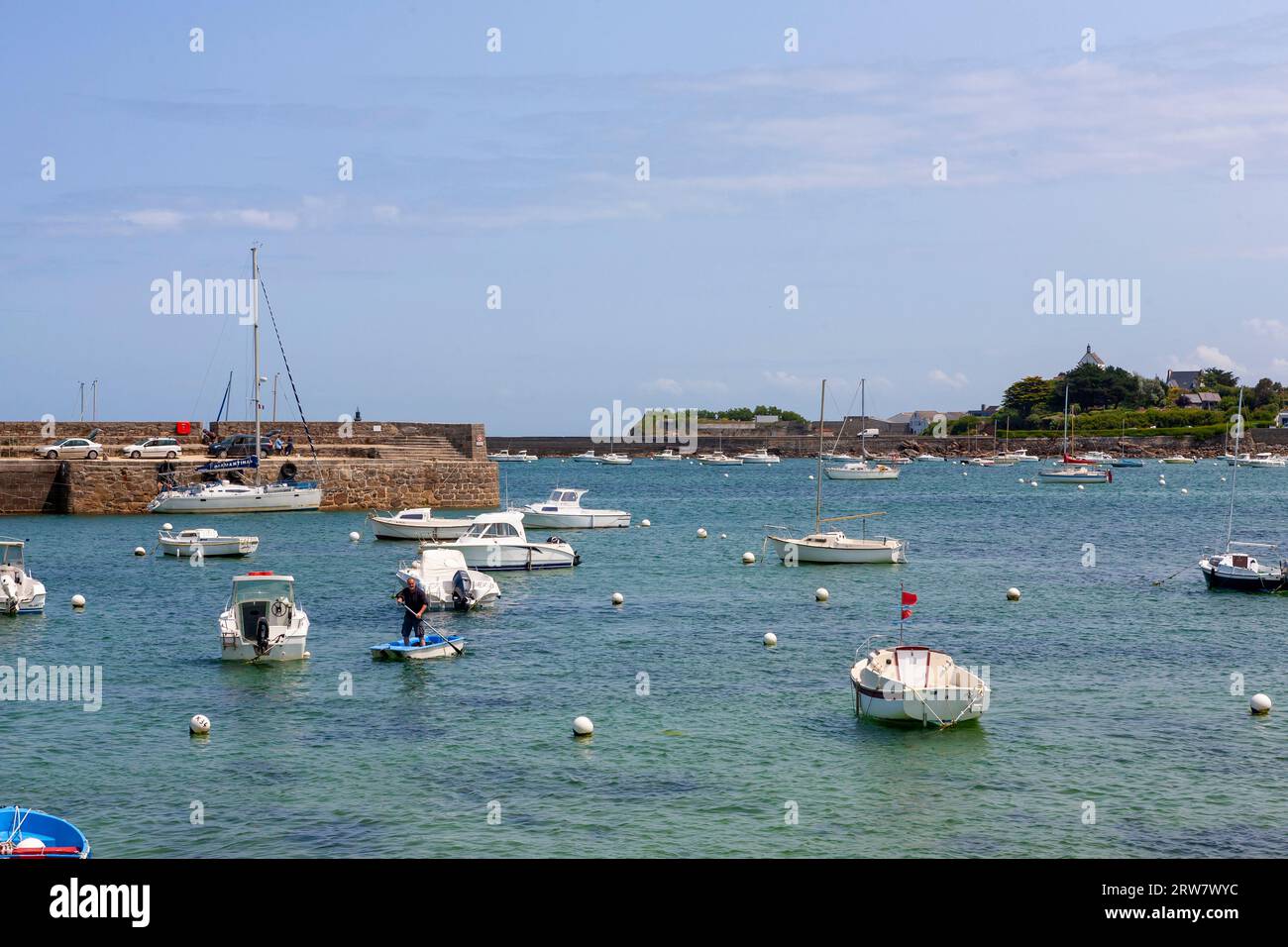 High tide in the Old Port of Roscoff, Finistère, Brittany, France, with ...