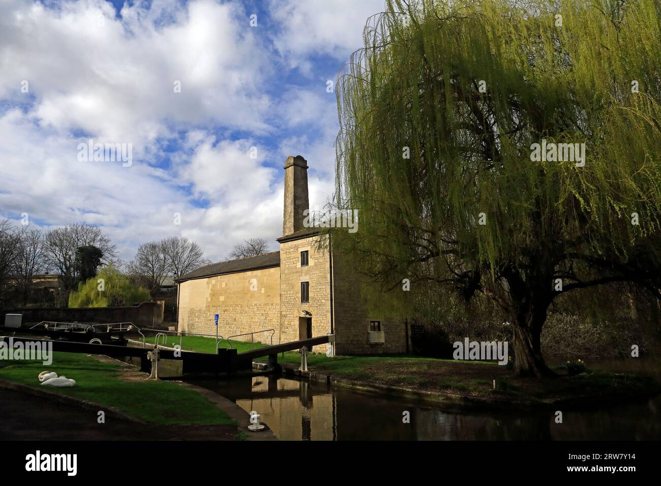 Weeping willow at The pumping station on the Kennet and Avon canal at ...