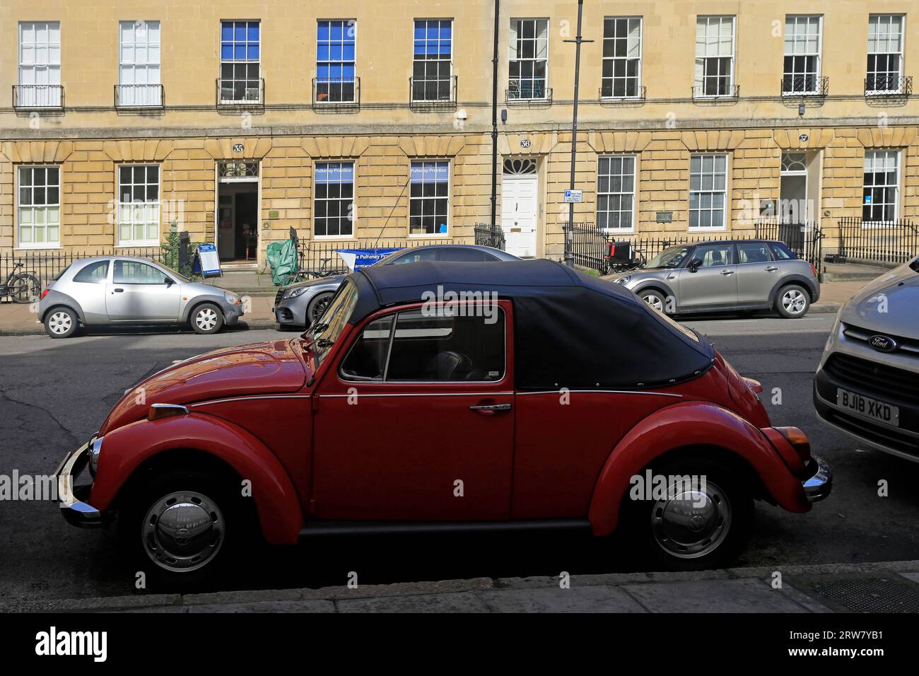 Red convertible VW 1600 model Beetle car, City of Bath, England ...