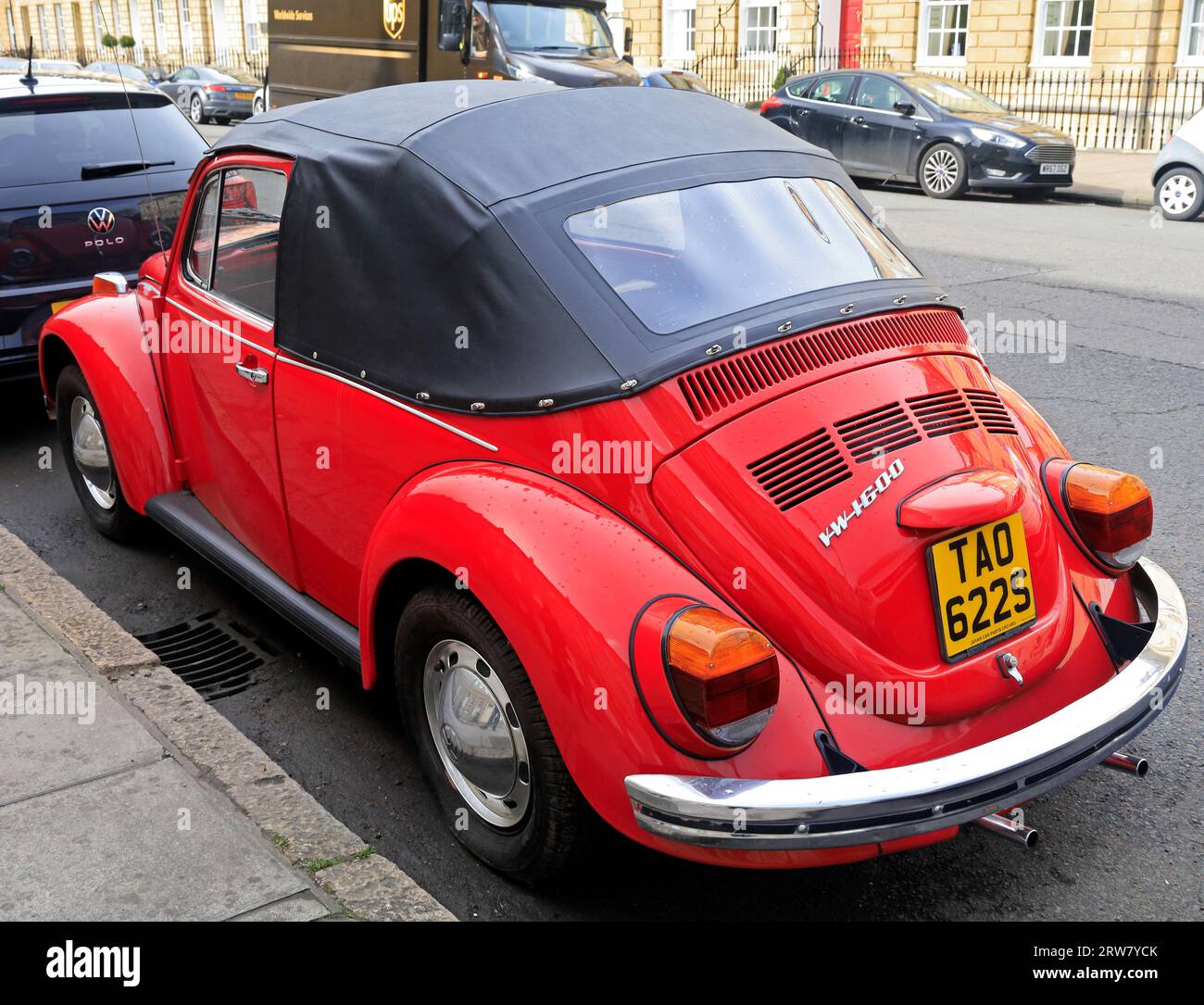 Red convertible VW 1600 model Beetle car, City of Bath, England ...