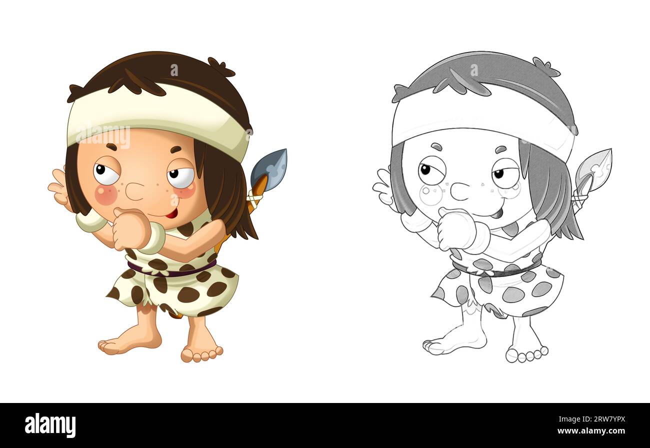 cartoon sketch scene with happy caveman barbarian warrior hunter ...