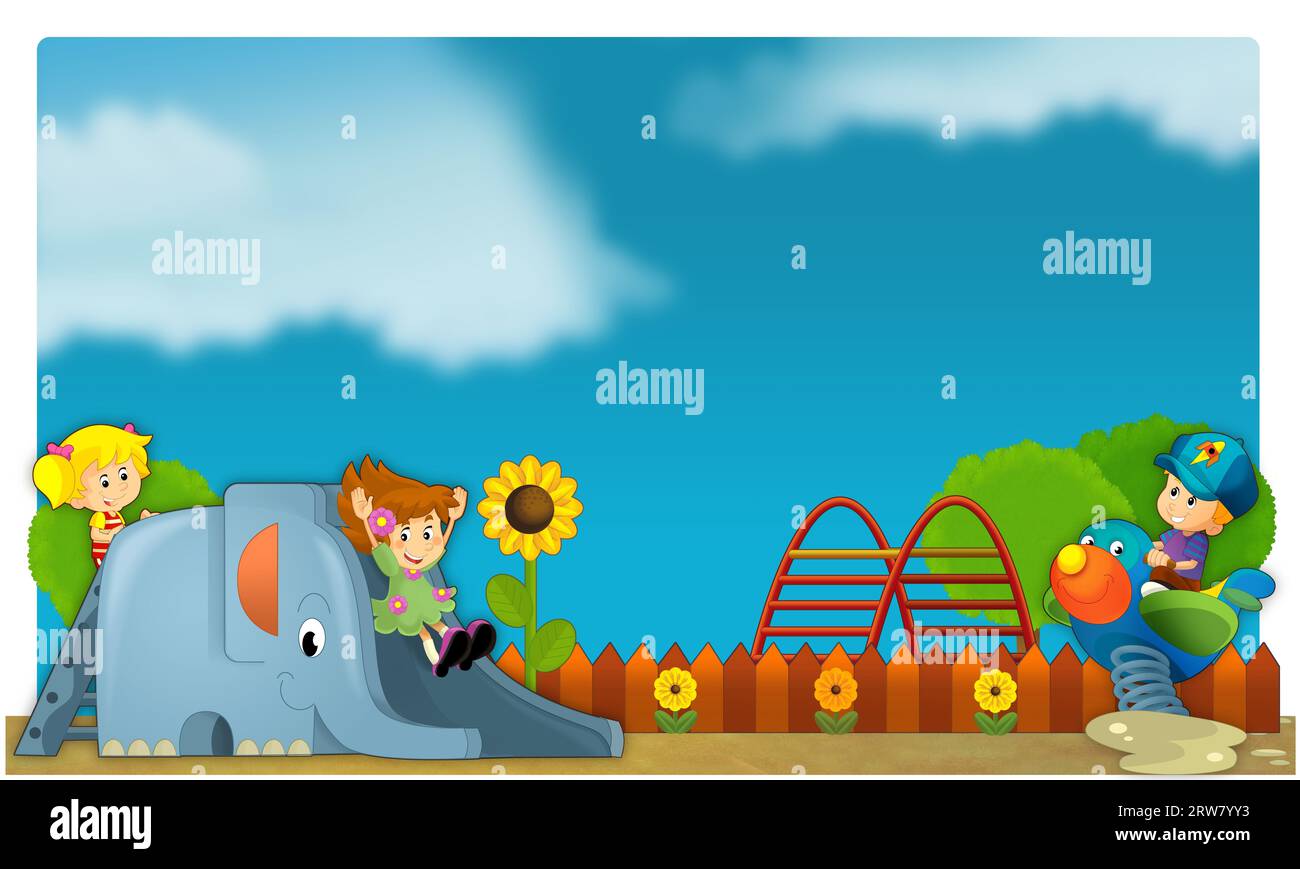 cartoon scene with kids playing at funfair amusement park or playground ...