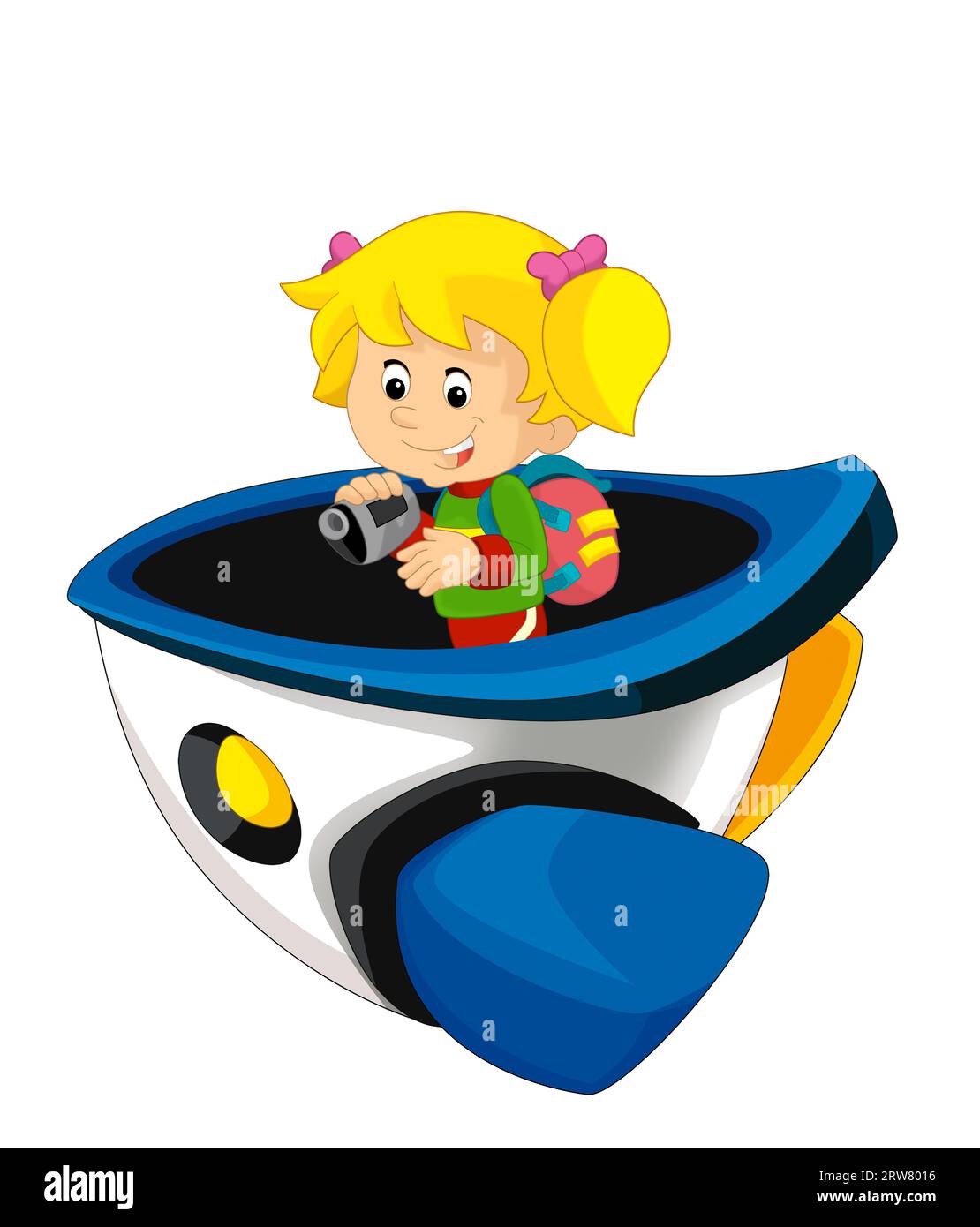Cartoon kid on a toy funfair space ship or star ship amusement park or ...