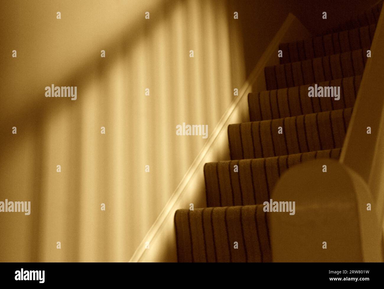A photo of a staircase lit up by an orange light to cast a shadow of ...