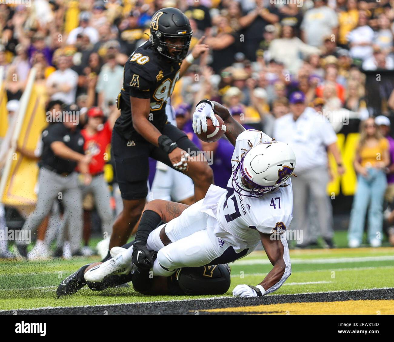 September 16, 2023: East Carolina junior Rahjai Harris (47) dives for ...