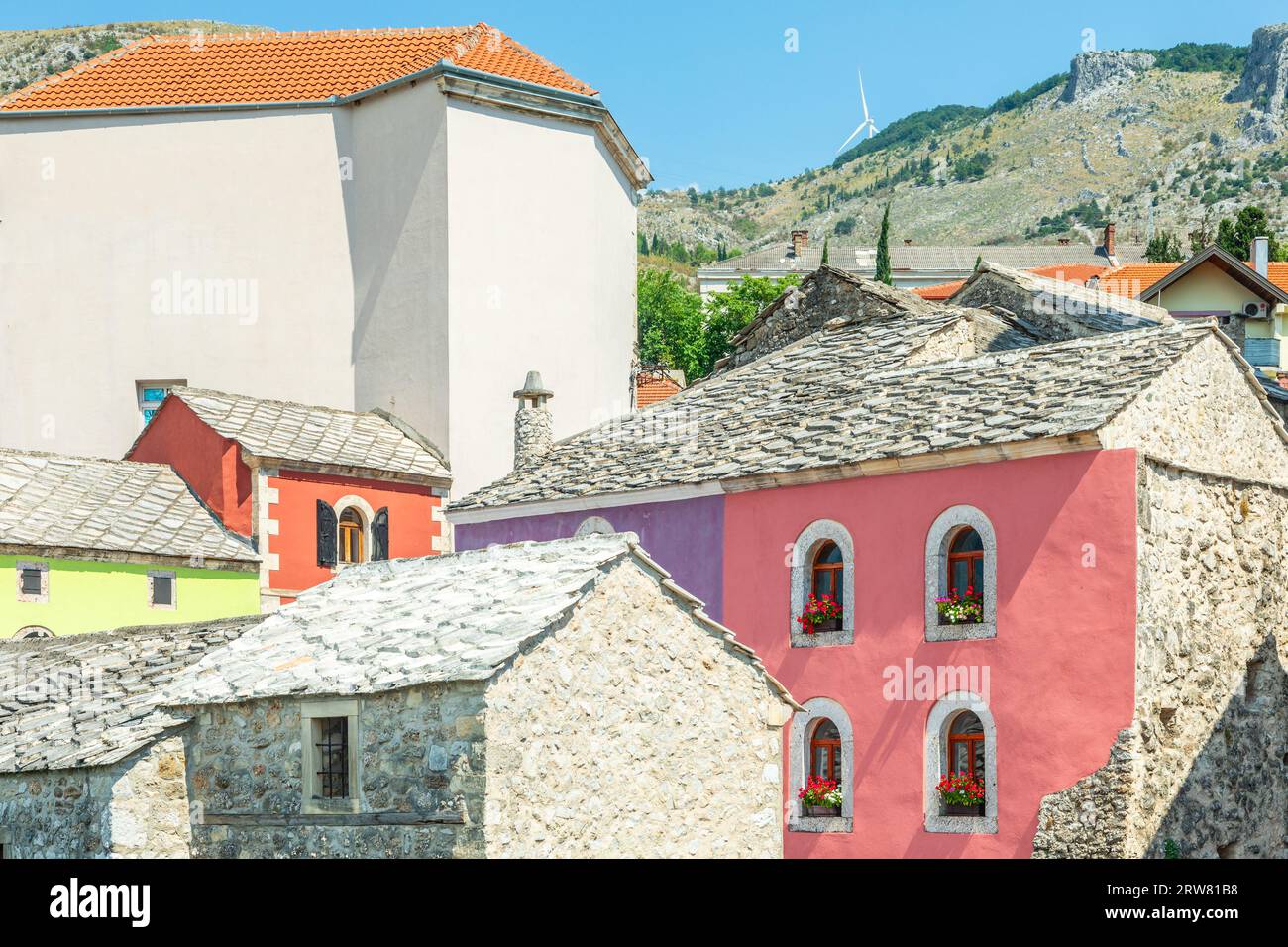 Old stone medieval houses in the historical center of Mostar, Bosnia ...