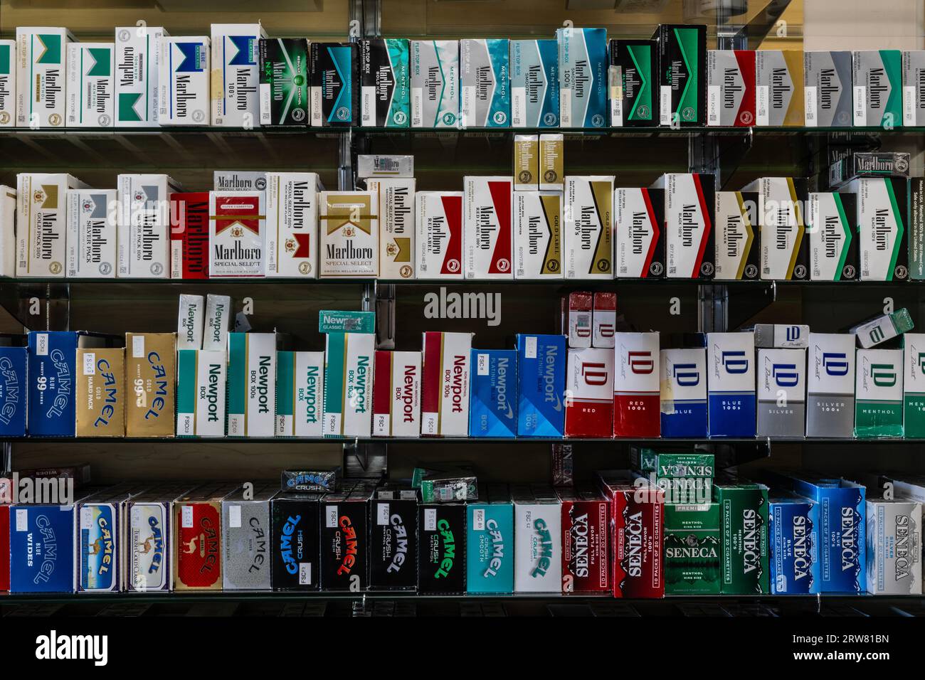 Lafayette - September 15, 2023: Cigarette display at a smoke shop. The ...