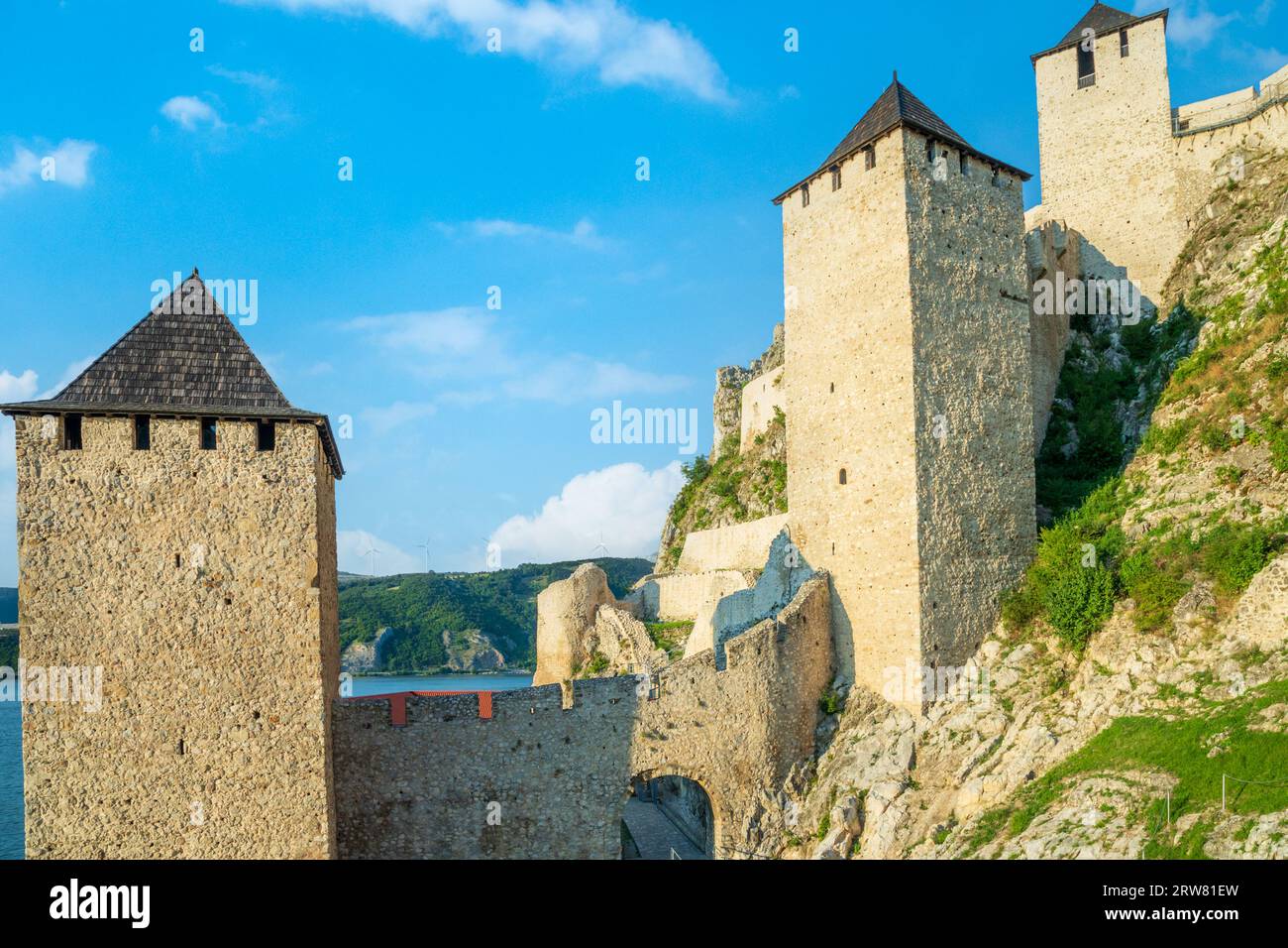 Golubac fortress castle walls and towers, standing on Danube river bank ...