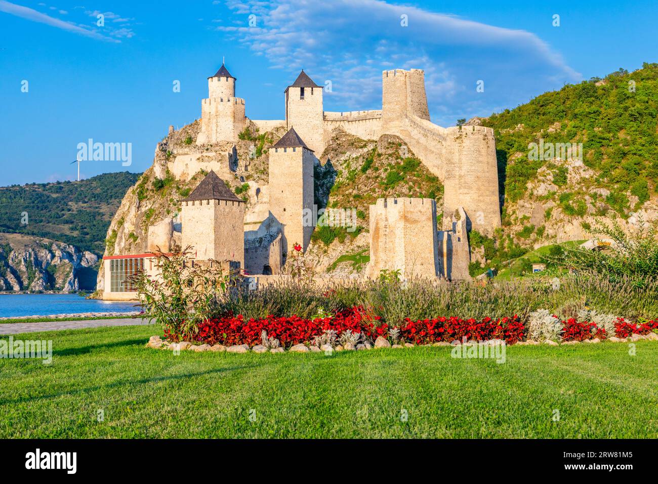 Golubac fortress castle walls and towers, standing on Danube river bank ...