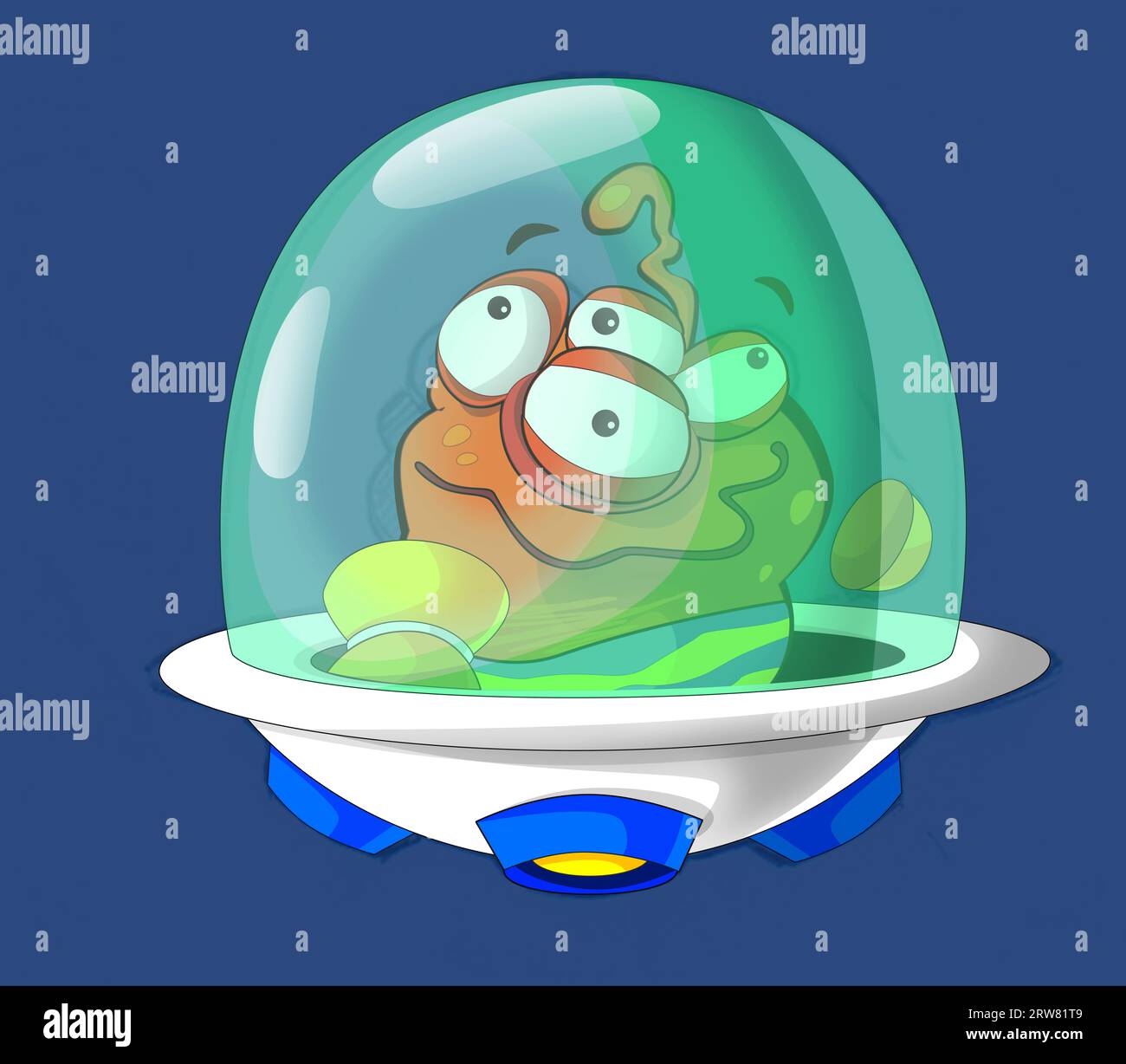 Cartoon alien on a ufo space ship or star ship amusement park or ...