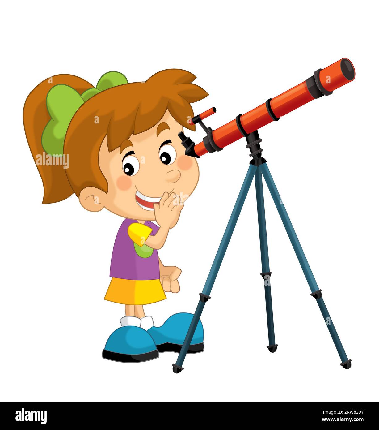 cartoon scene with colorful telescope equipement and little girl ...