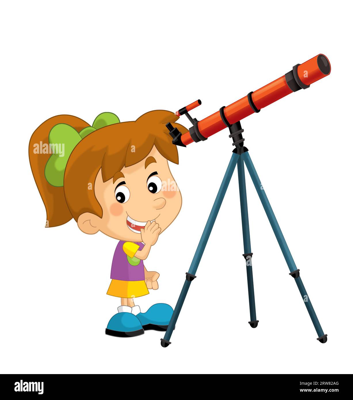 cartoon scene with colorful telescope equipement and little girl ...