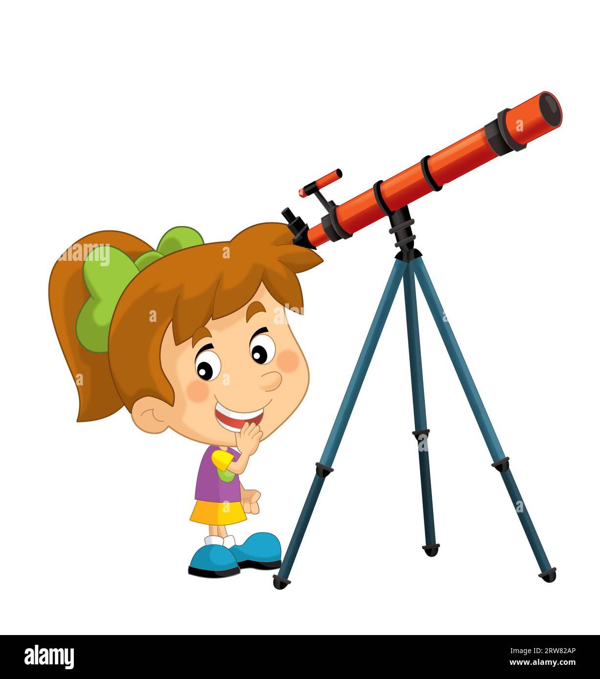 cartoon scene with colorful telescope equipement and little girl ...