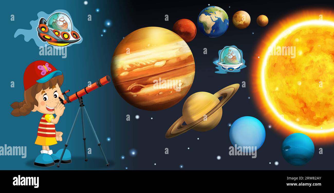 Cartoon funny colorful scene of cosmos galactic alien ufo girl pupil ...