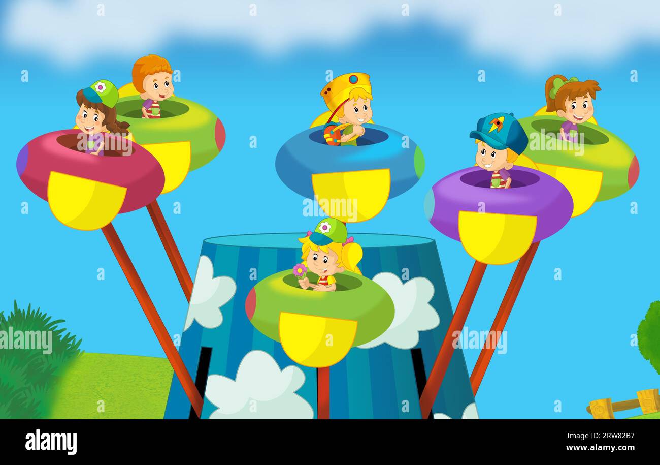 cartoon scene with kids playing at funfair amusement park or playground ...