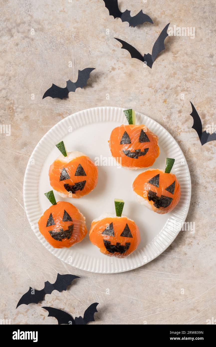 Funny Halloween Sushi Pumpkins Jack o Lantern, Sushi Monsters Stock ...