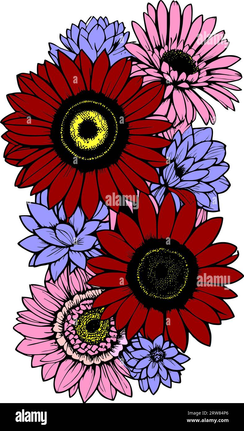 multicolor drawing of a bouquet of wild flowers with a black outline ...