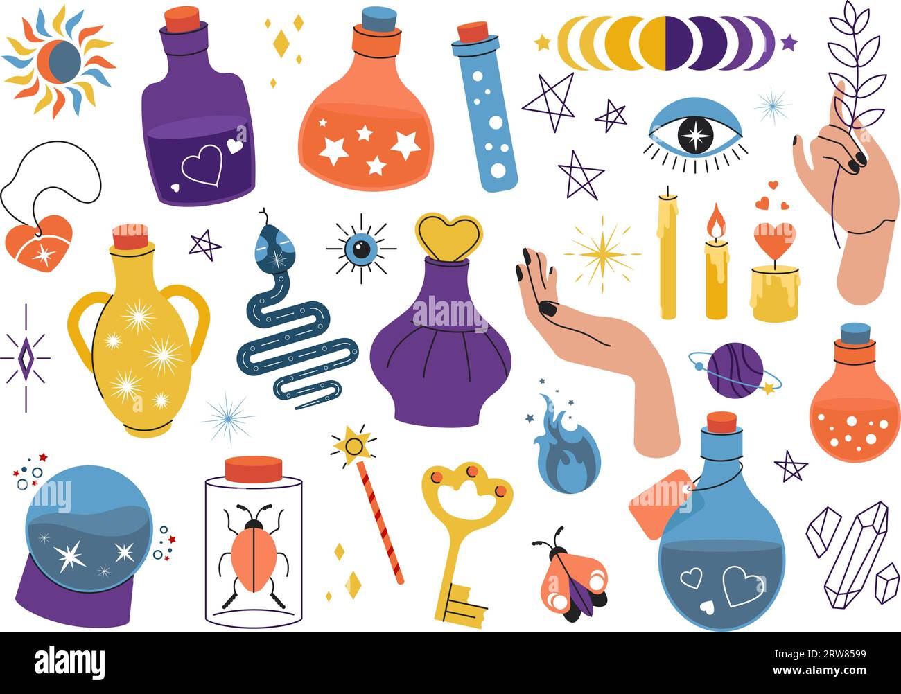 Isolated doodle magic elements. Witchcraft mystical icons, witch crystal globe and potion ...