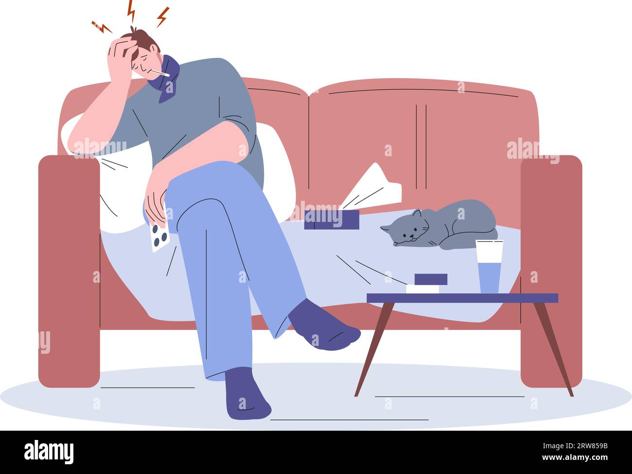 Sick man character. Fever flu symptoms, winter illness male character ...