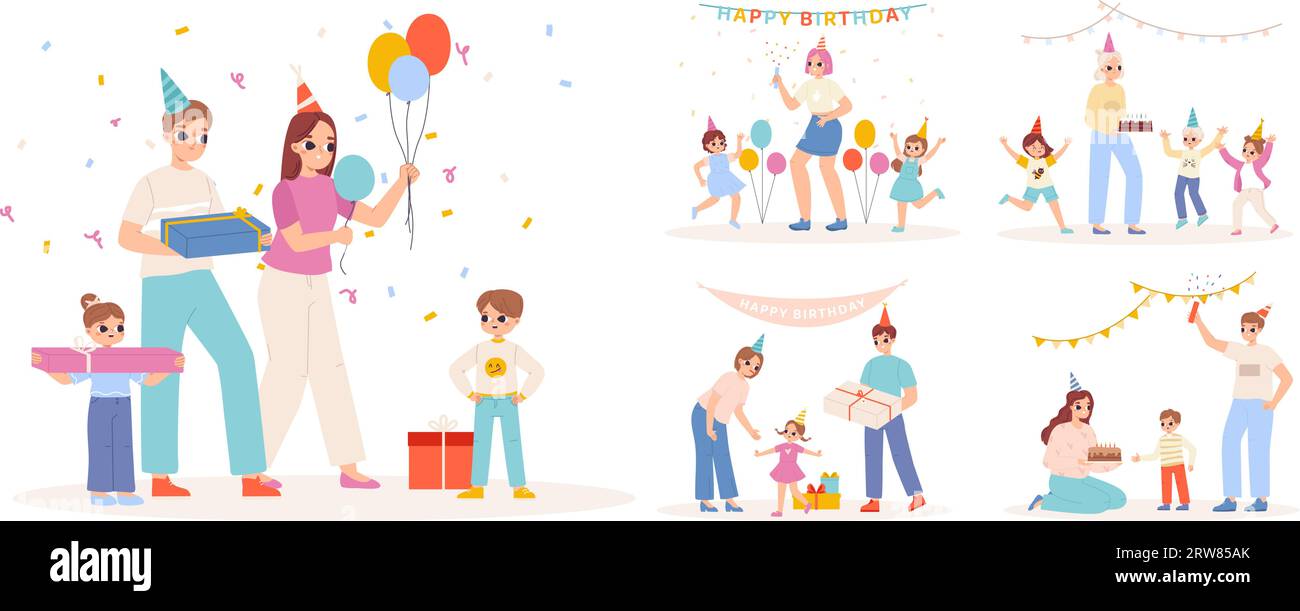 Congratulations kids. Birthday party scenes, adults with gifts and ...