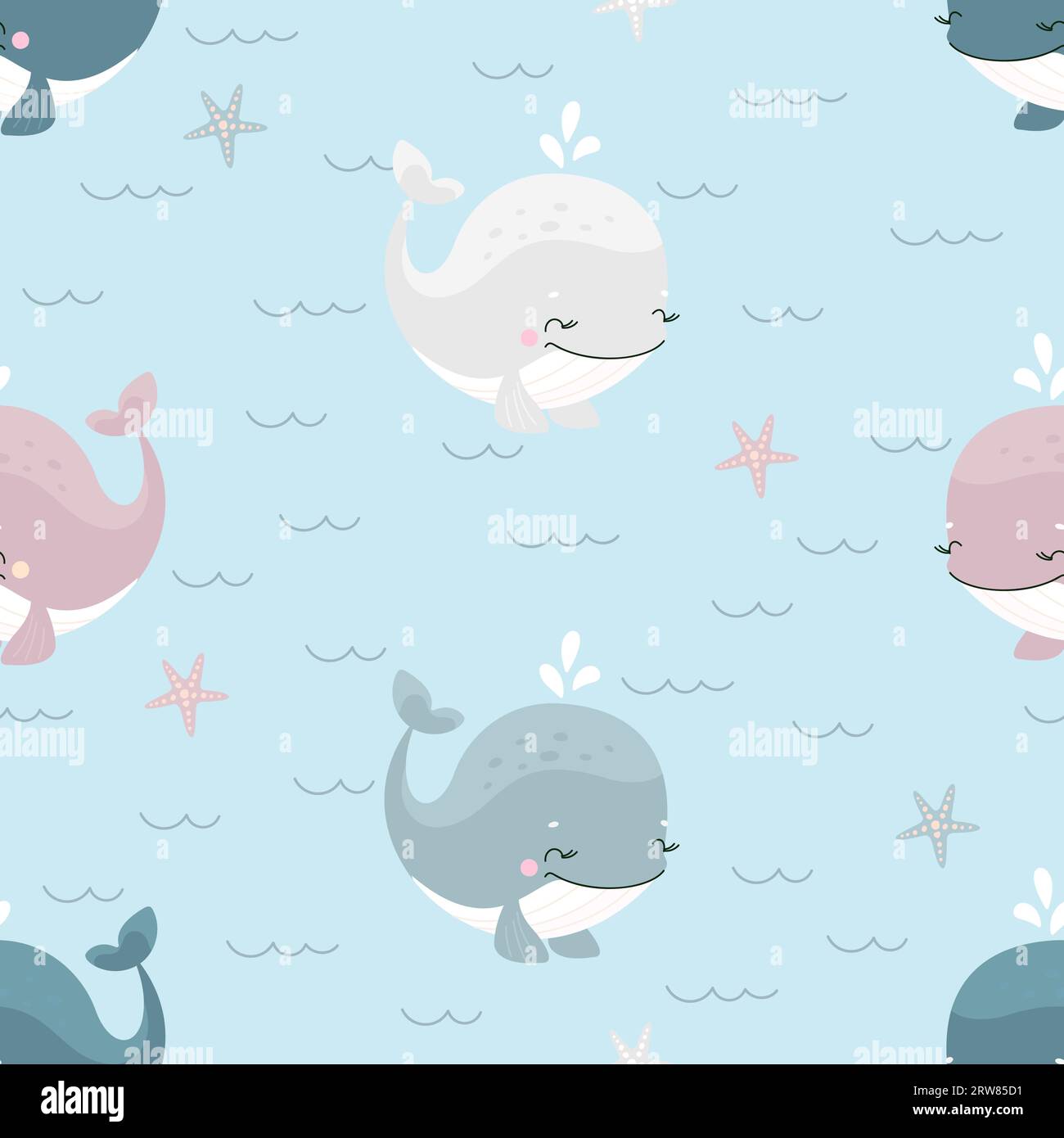 Cartoon whales seamless pattern. Cute whale swim in waves, underwater ...