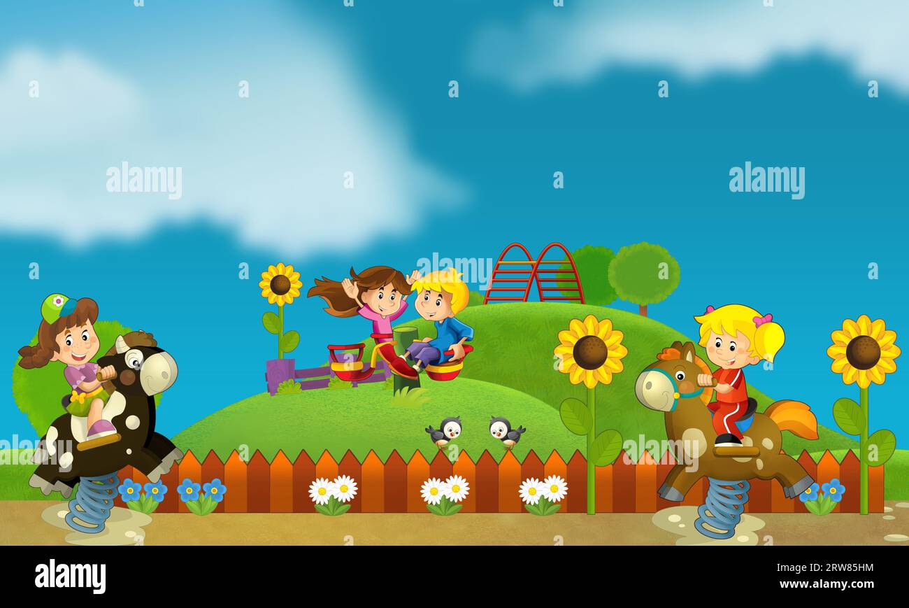 cartoon scene with kids playing at funfair amusement park or playground ...