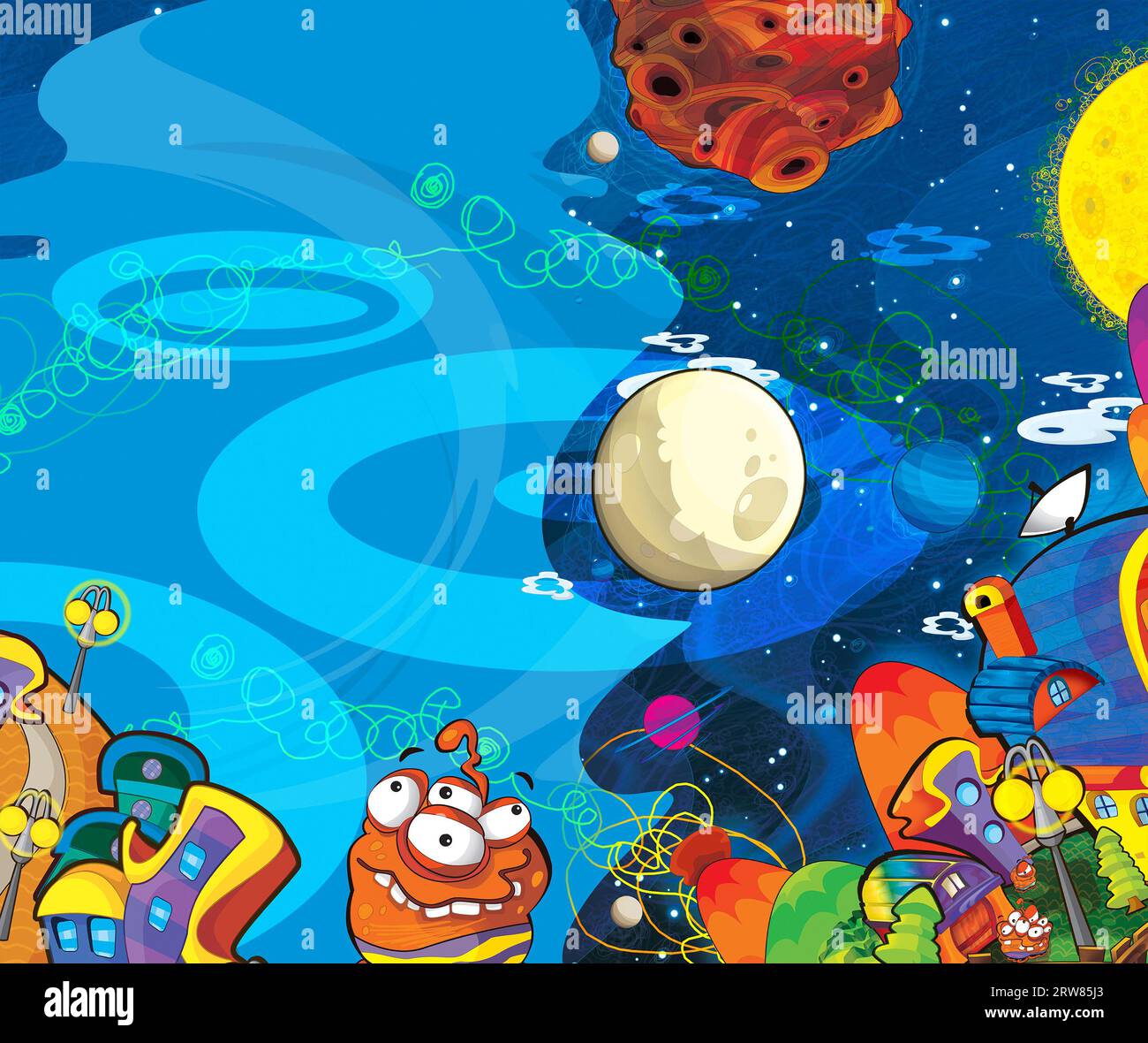 Cartoon funny colorful scene of cosmos galactic alien ufo isolated ...