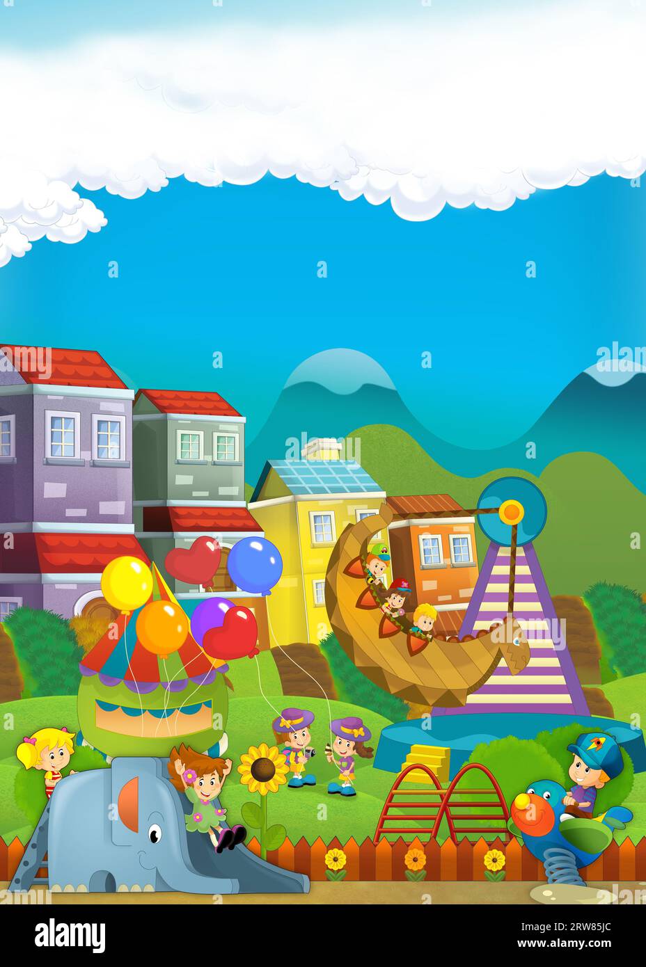 cartoon scene with kids playing at funfair amusement park or playground ...