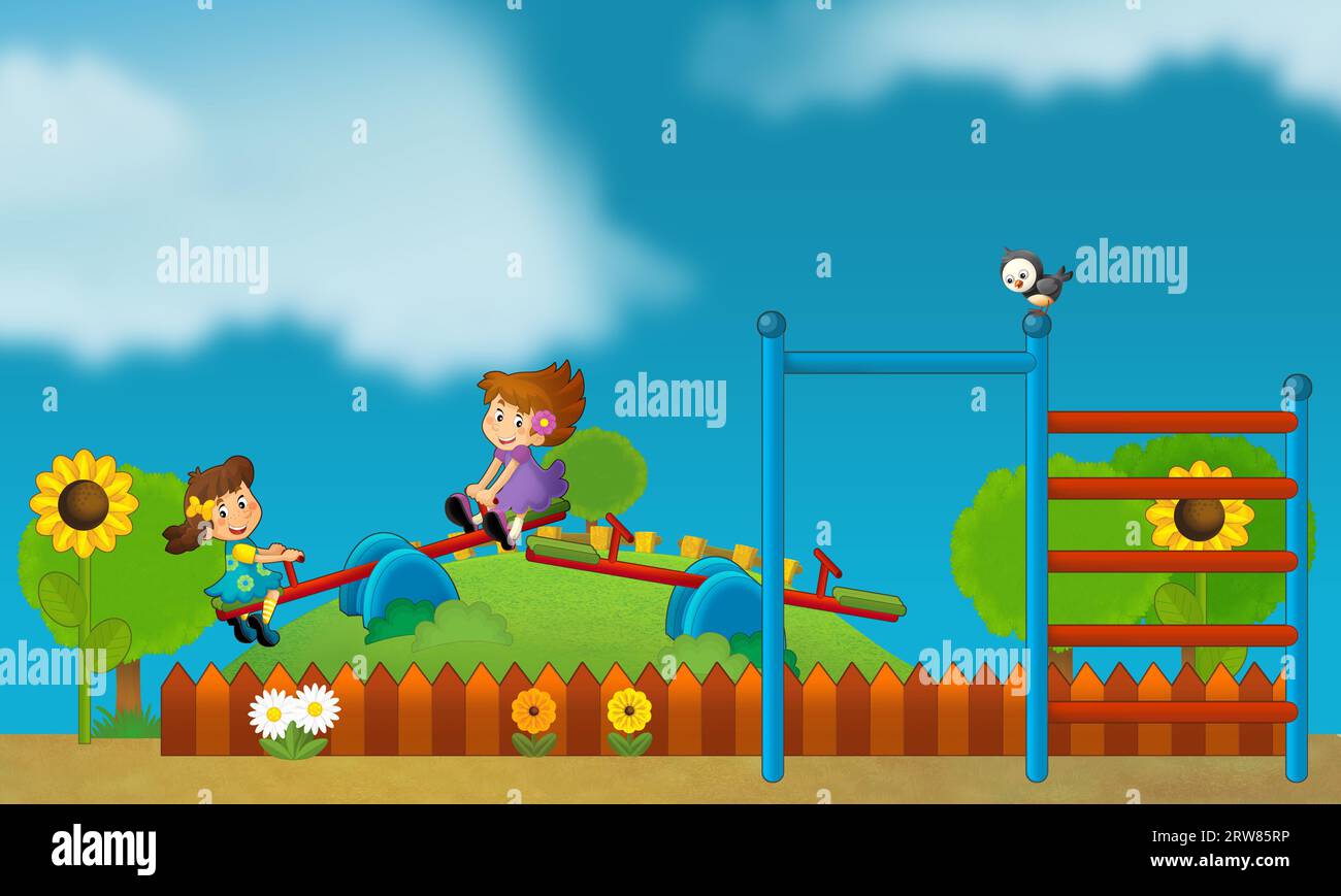 cartoon scene with kids playing at funfair amusement park or playground ...