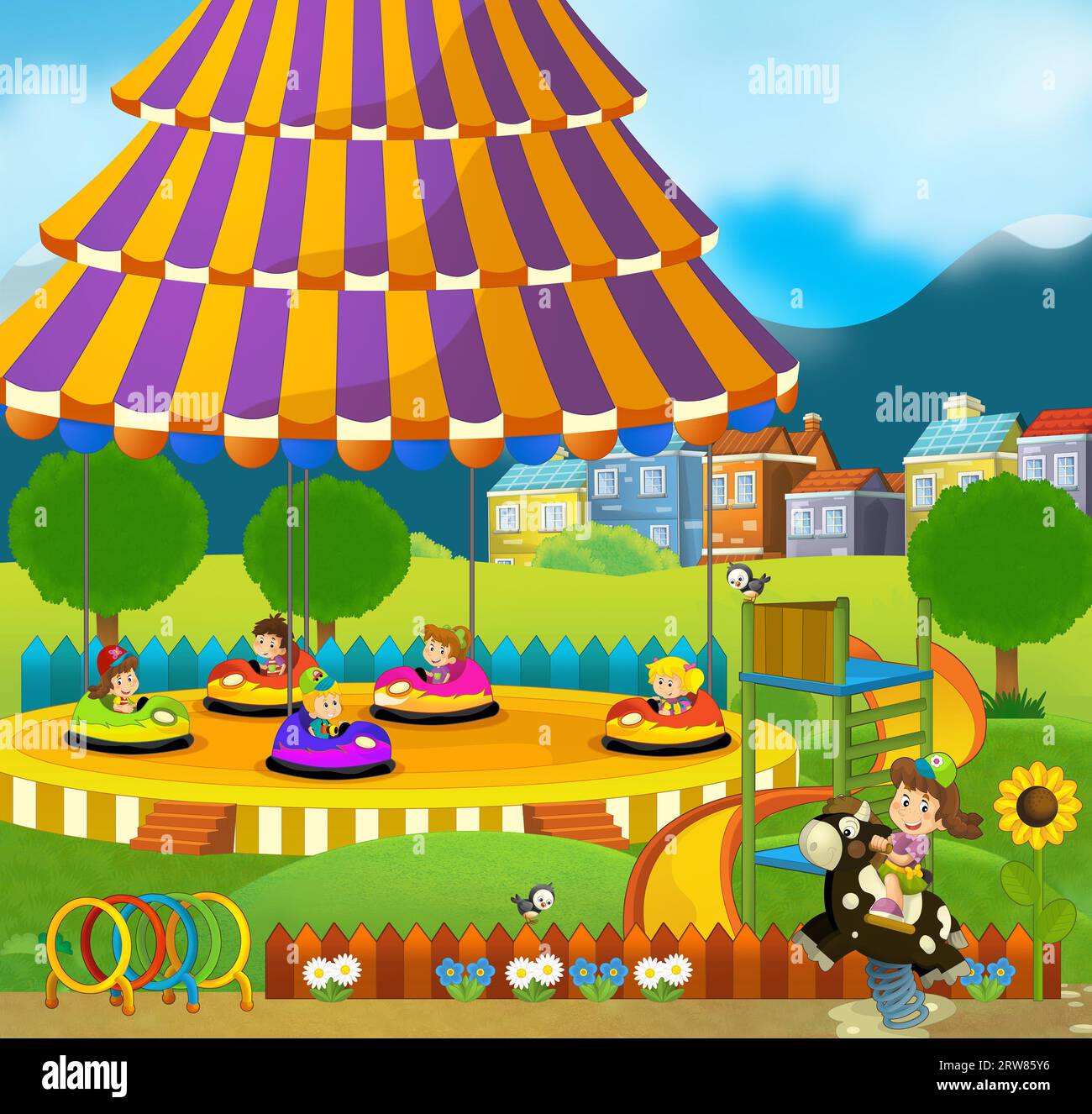 cartoon scene with kids playing at funfair amusement park or playground ...