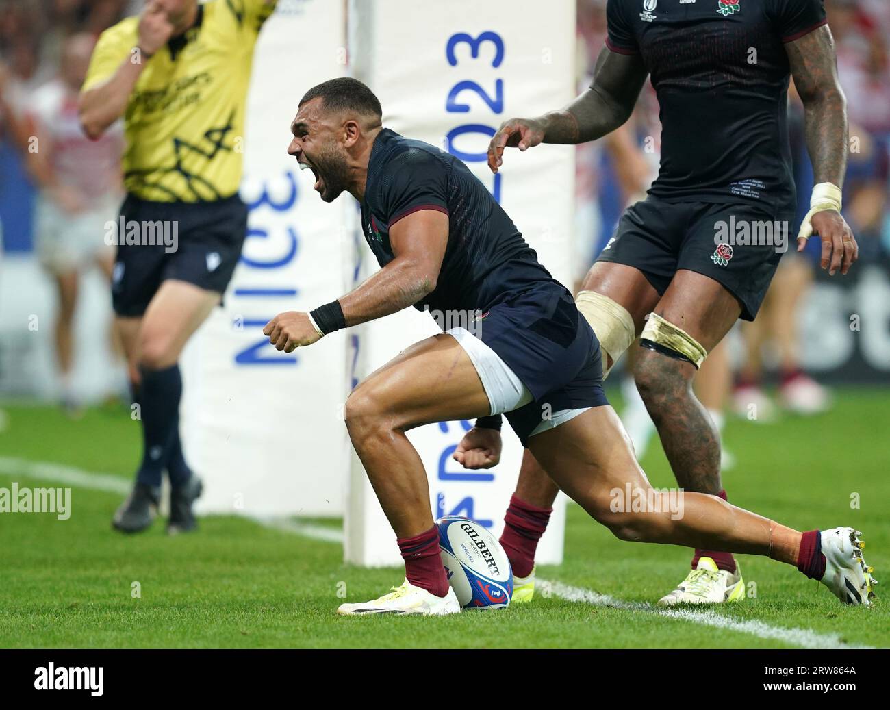 England's Joe Marchant celebrates scoring their side's fourth try of ...