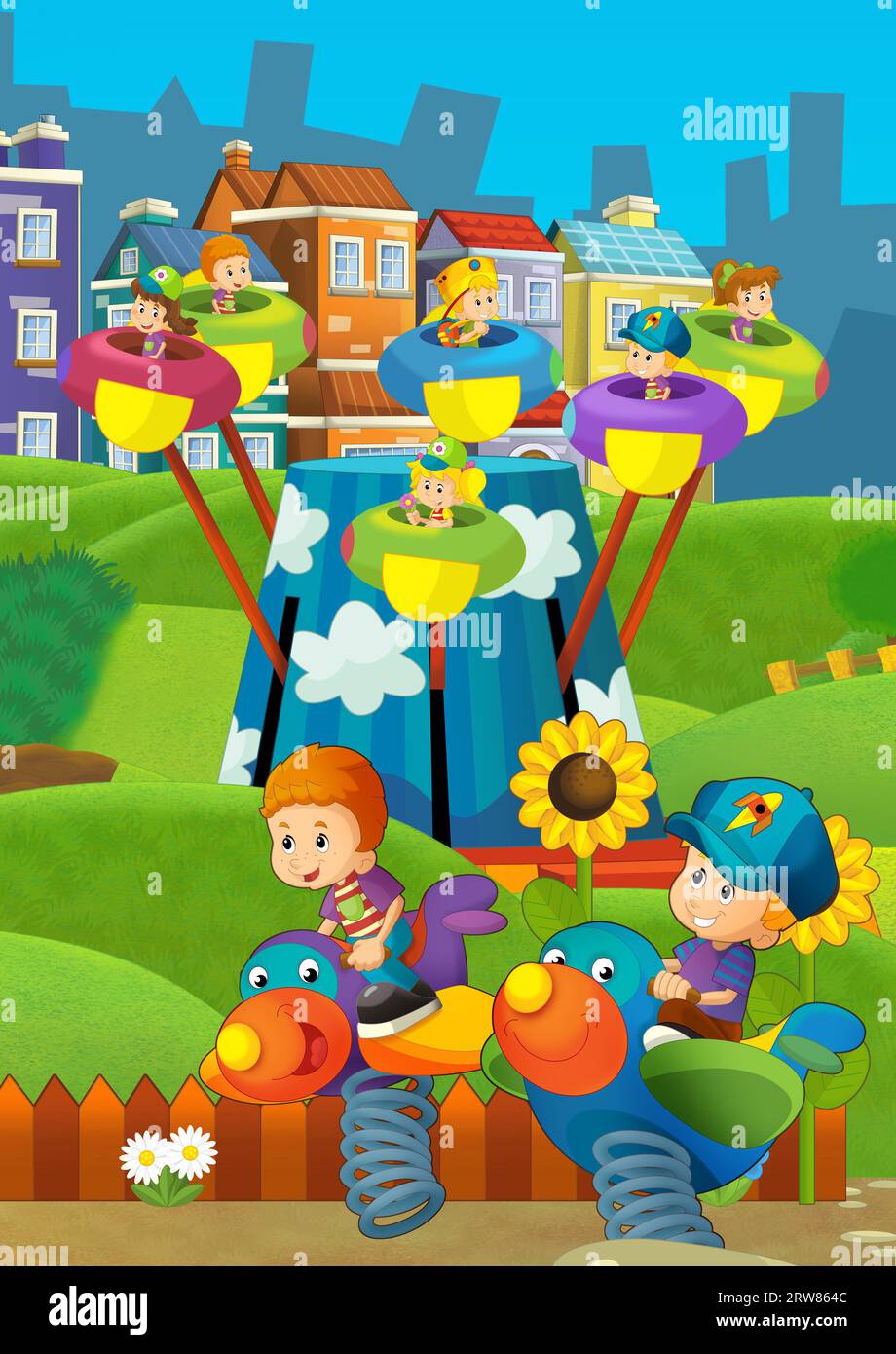 cartoon scene with kids playing at funfair amusement park or playground ...