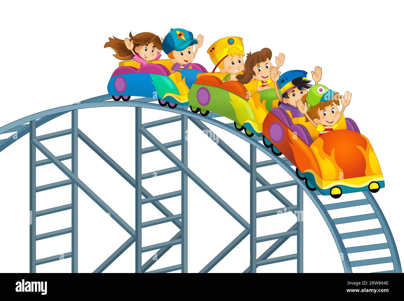 cartoon scene with kids playing at funfair amusement park or playground ...