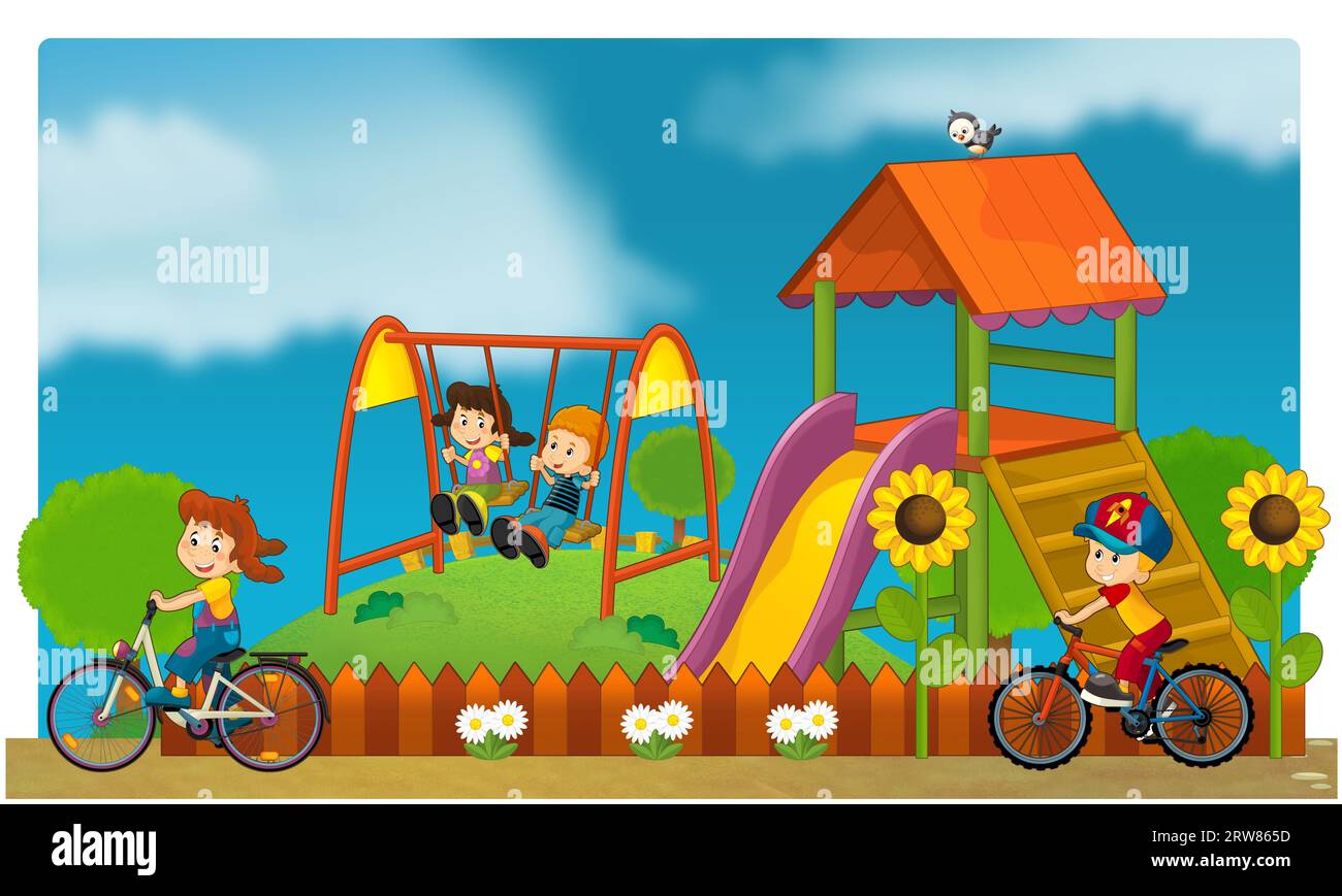 cartoon scene with kids playing at funfair amusement park or playground ...
