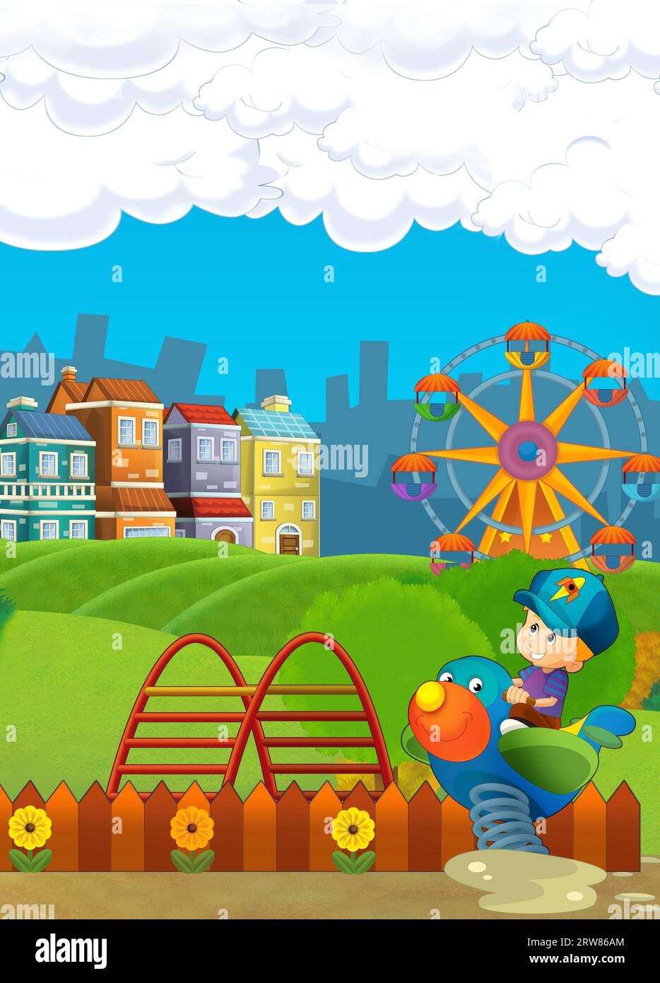 cartoon scene with kids playing at funfair amusement park or playground ...