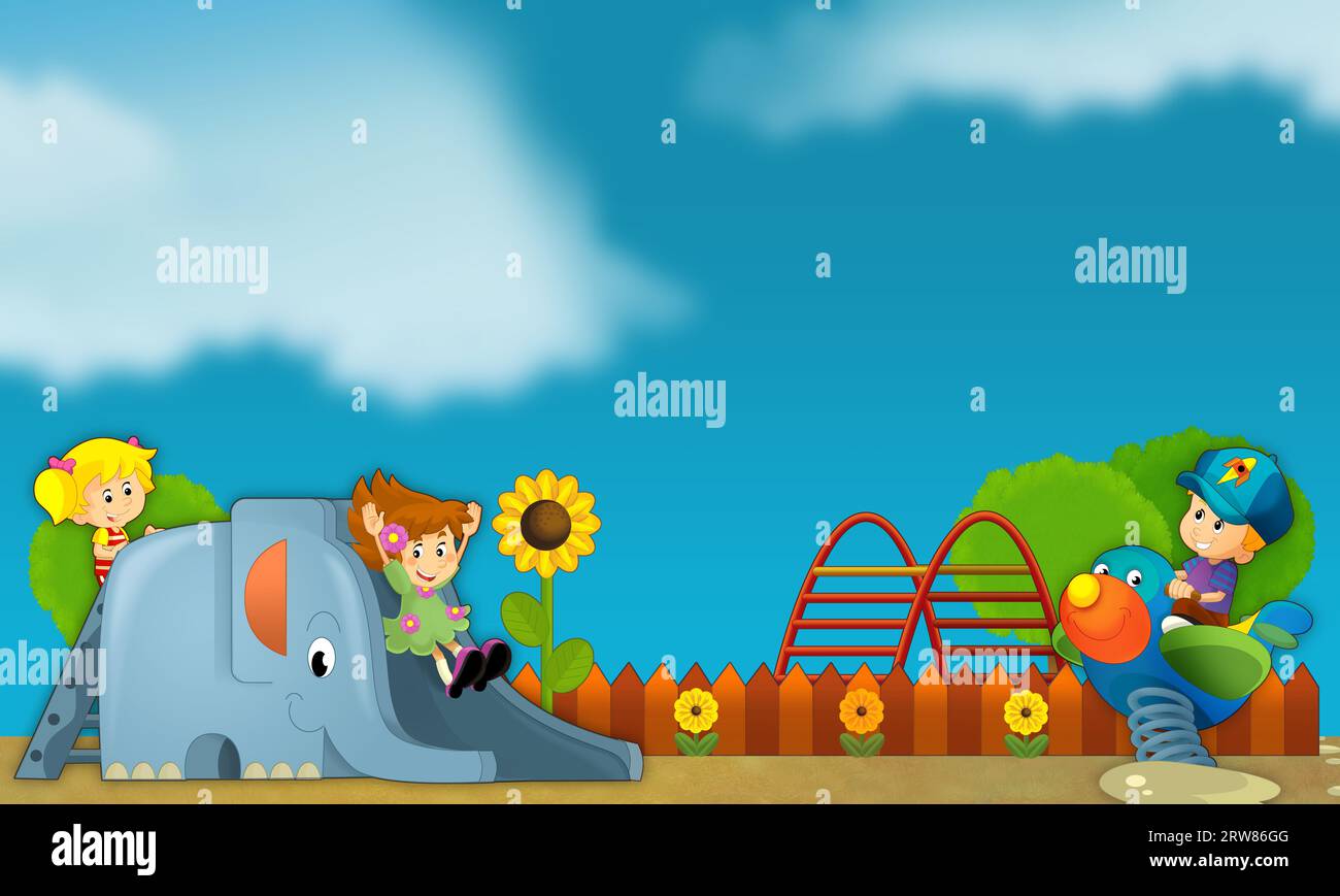cartoon scene with kids playing at funfair amusement park or playground ...
