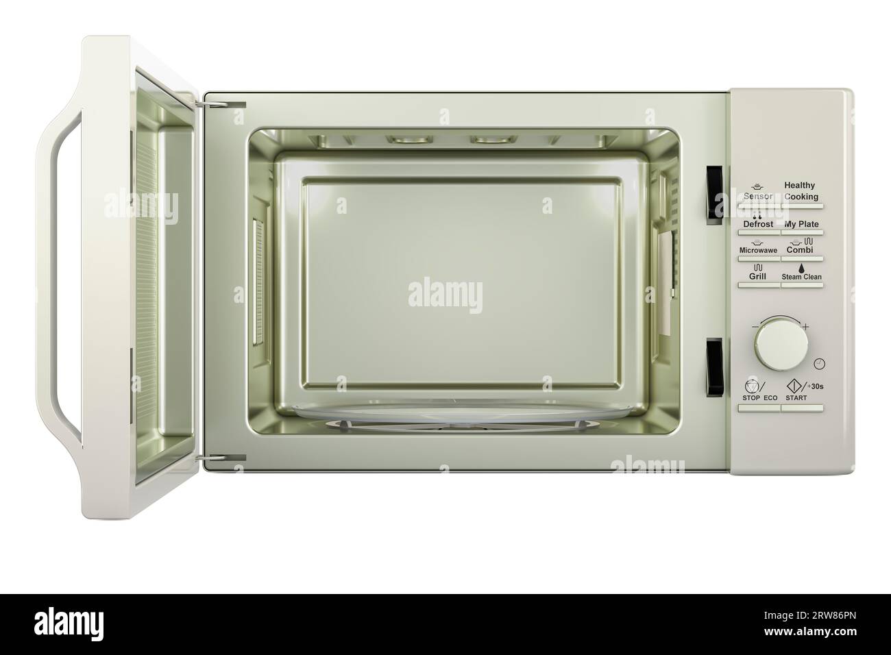 Microwave oven with opened door, front view. 3D rendering isolated on ...