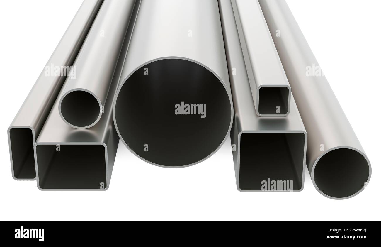 Round pipes and square pipes, rolled metal. 3D rendering isolated on white background Stock ...