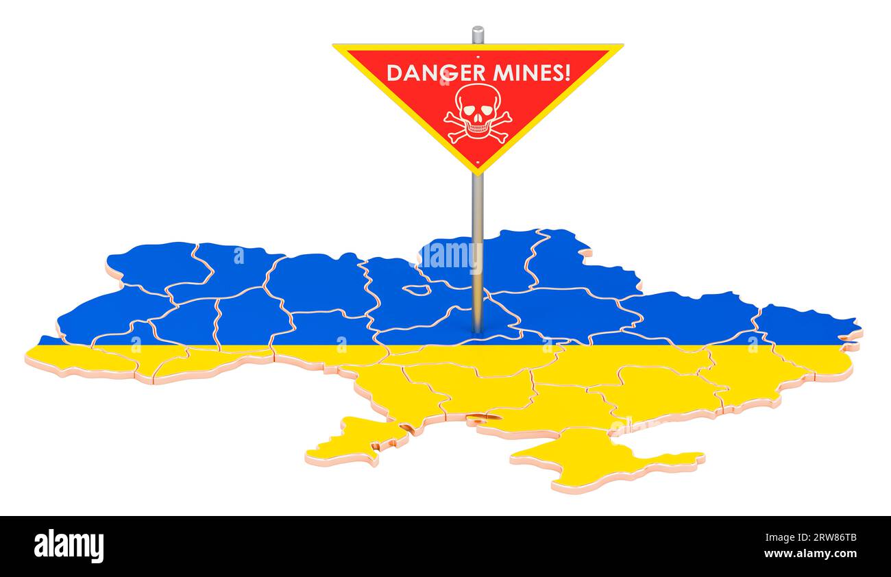 Ukrainian map with danger mines sign, 3D rendering isolated on white ...