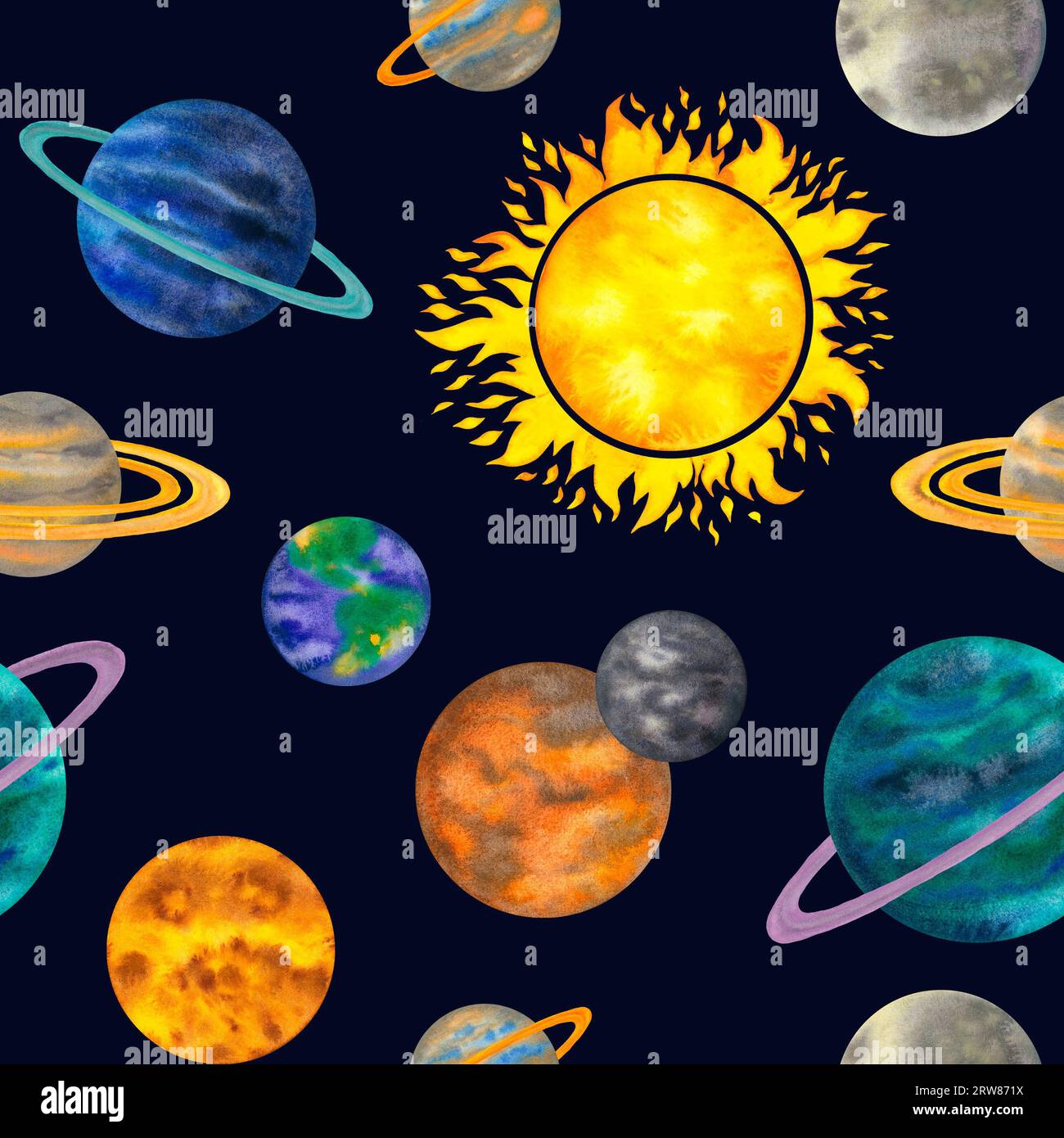Watercolor seamless pattern with planets of the solar system mercury ...