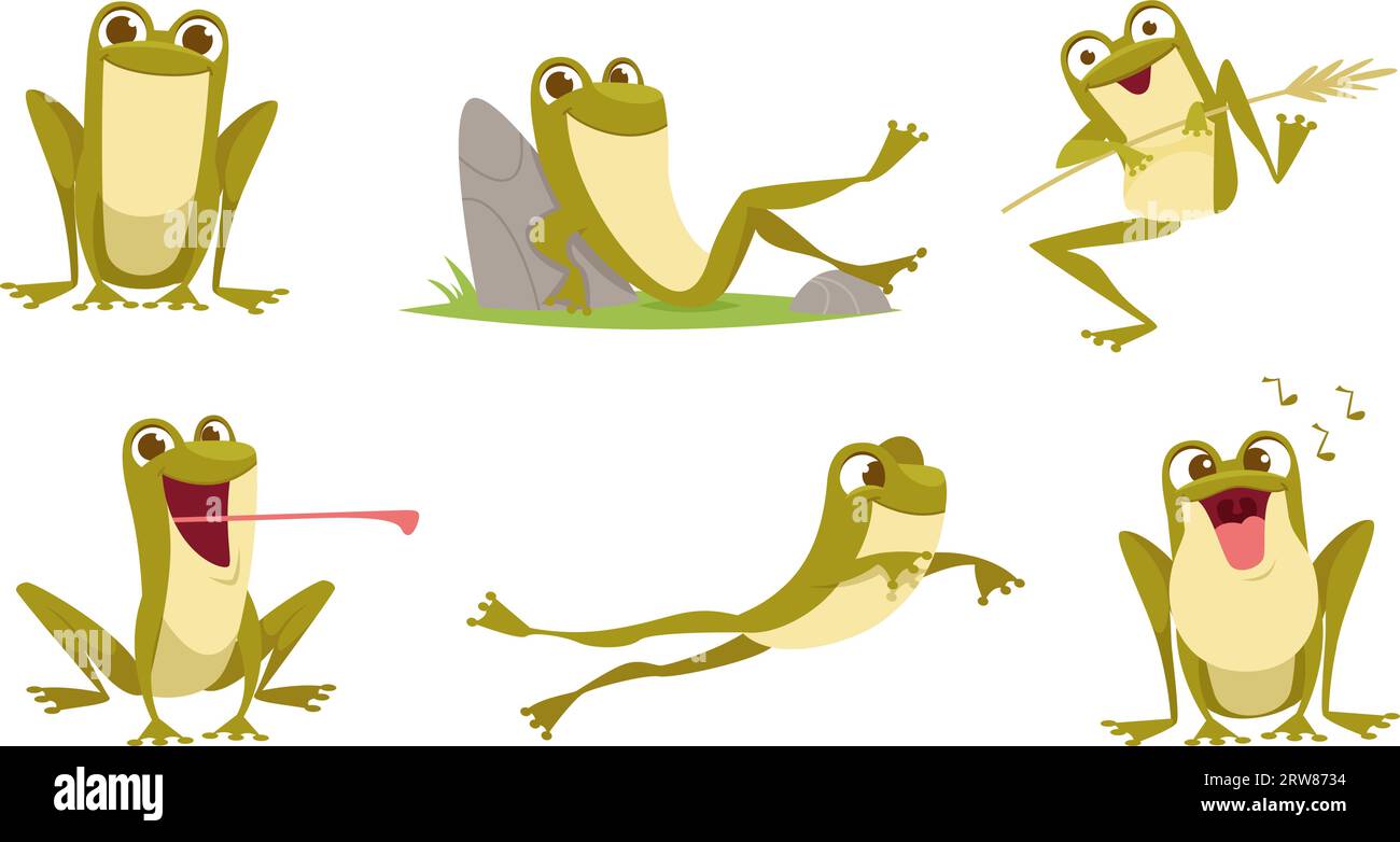 Frog. Cartoon cute toad in action poses exact active jumping lazy frog ...