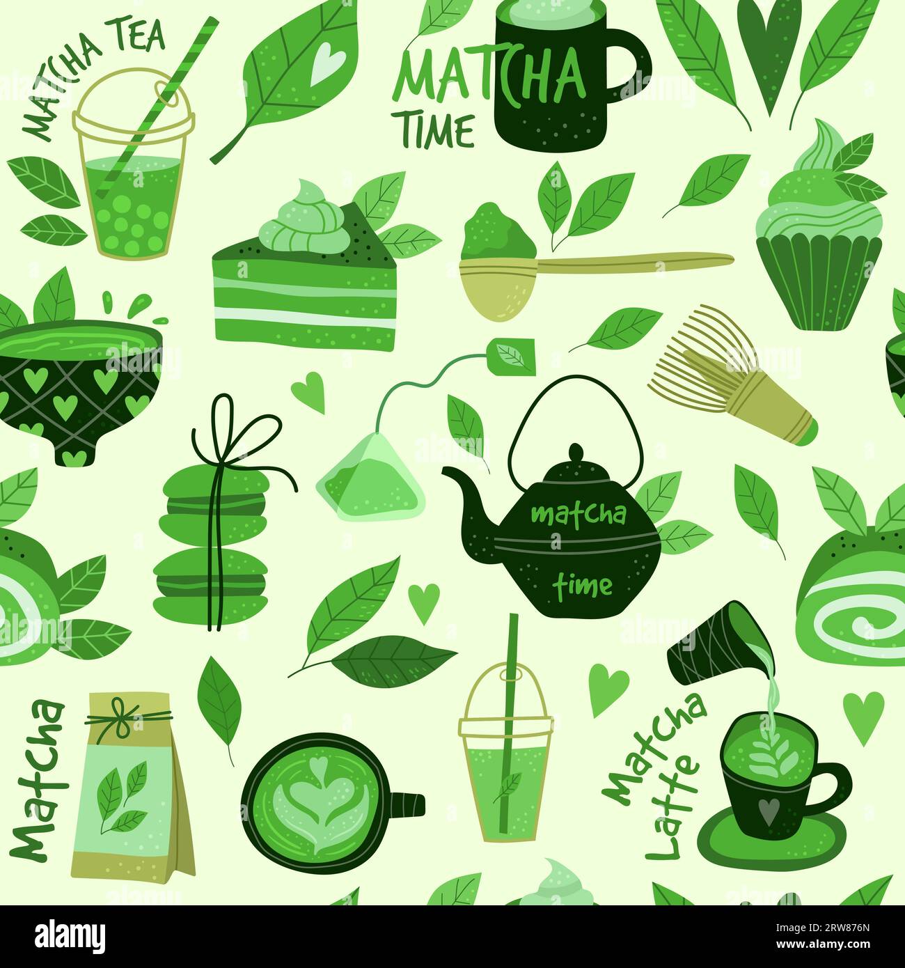 Matcha pattern. Asian beverage products sticky badges recent vector ...