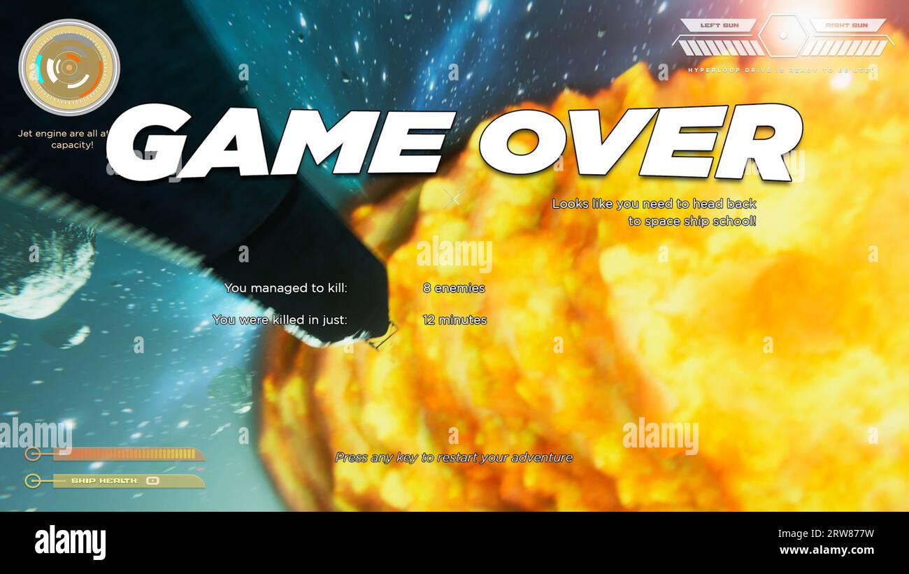 Gamer receiving game over screen, getting his spaceship destroyed in ...