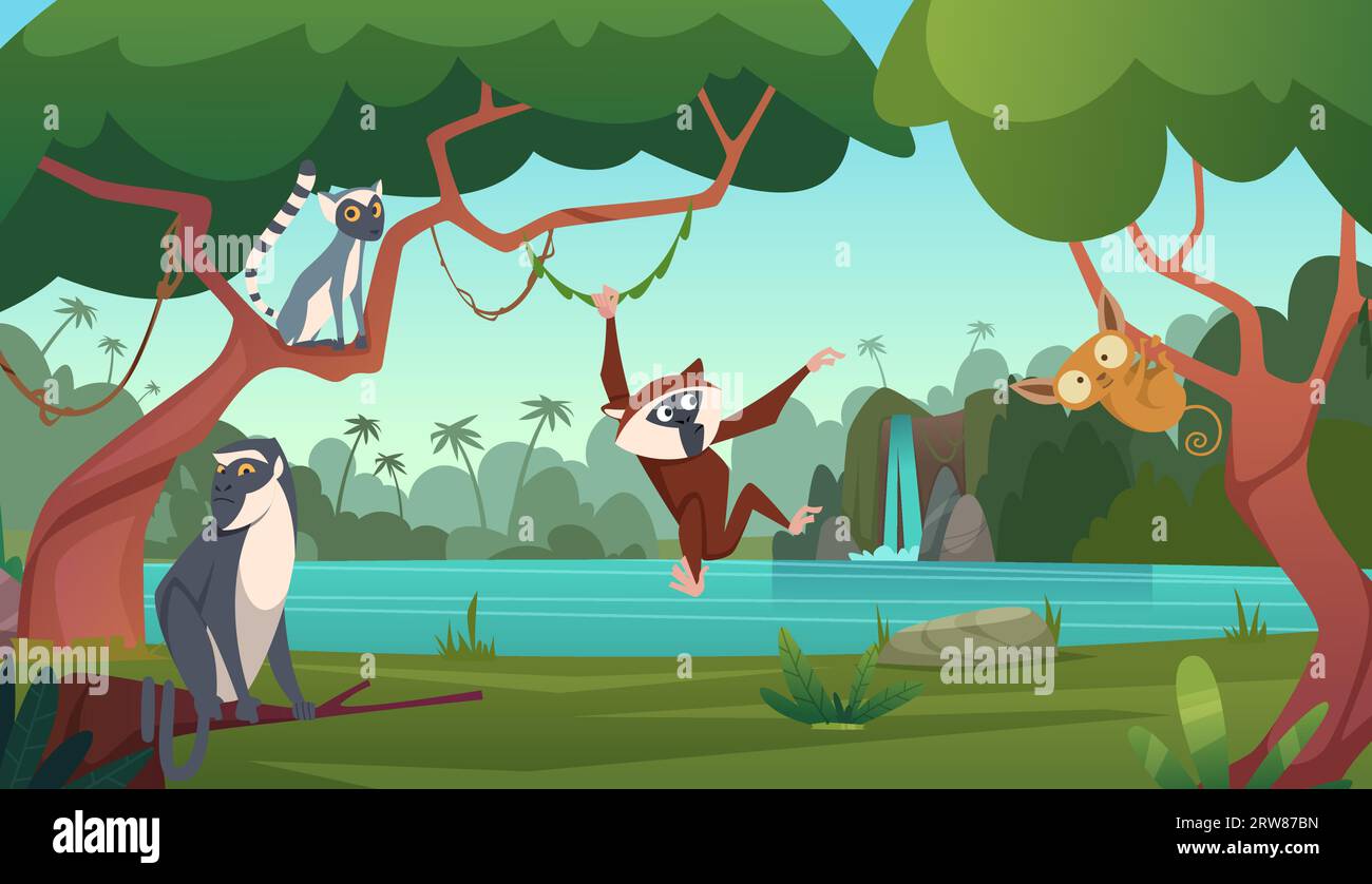 Jungle monkey. Cartoon colored background with wild animals exact ...