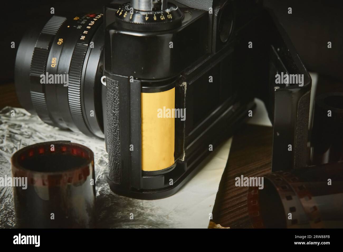 Old vintage camera with back cover open for close up film replacement ...