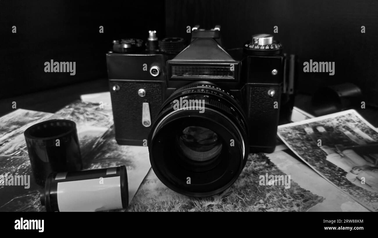 Old vintage camera, rolls of film, old close up shots, floating focus ...